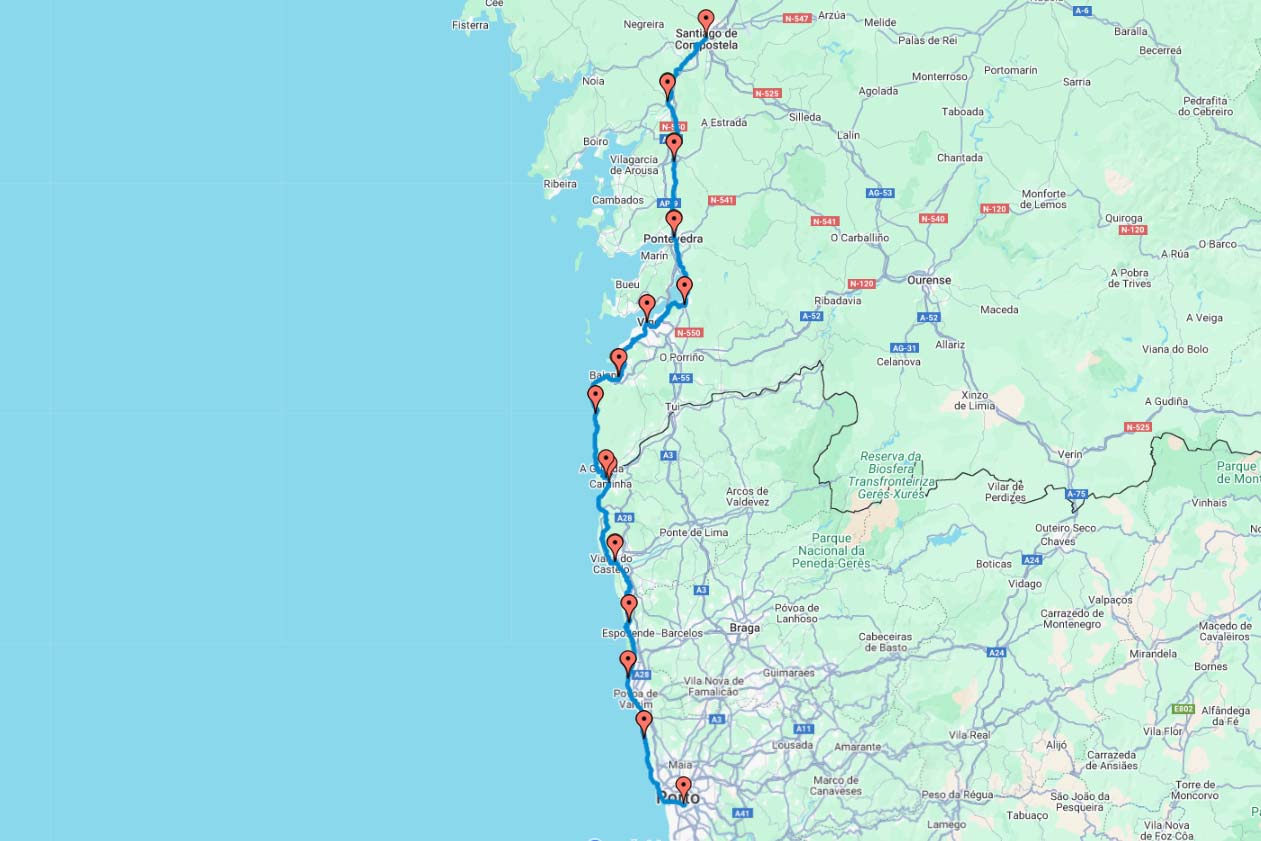 Camino Portuguese Coastal Route Map for GPS navigation - STINGY NOMADS